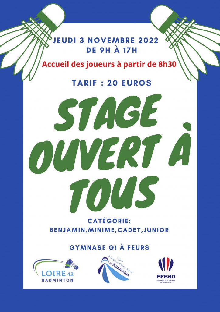 STAGE OUVERT A TOUS – Comité Départemental Loire Badminton